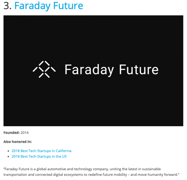 Faraday Future Listed Among the 2019 Best Tech Startups in California ...
